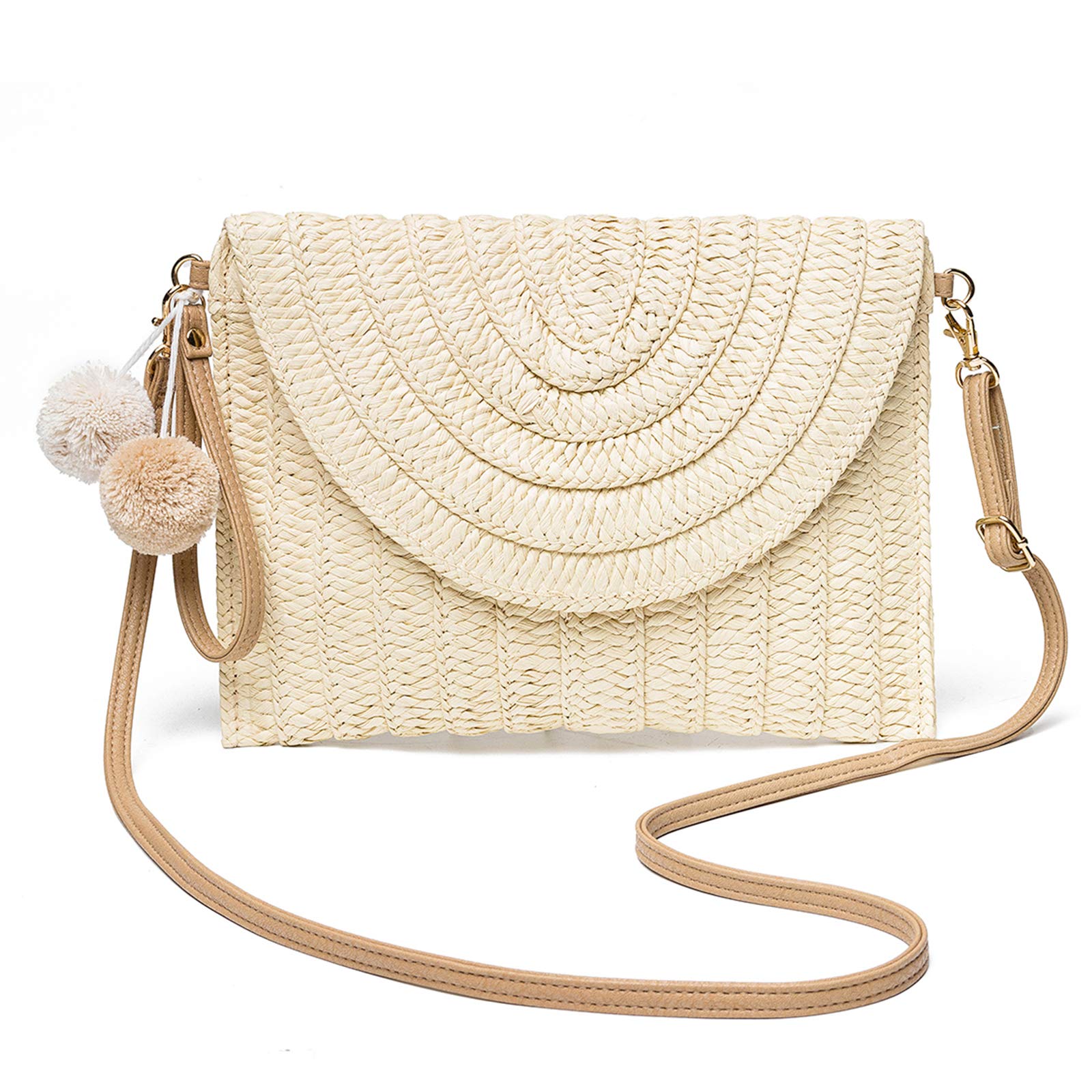 Kadell Straw Shoulder Bag, Straw Clutch Women Handmade Straw Bag Summer Beach Envelope Purse Wallet (Off-white)