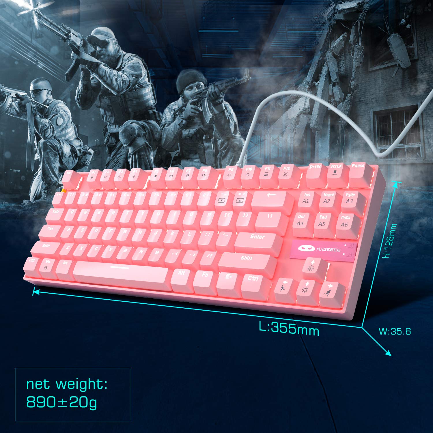 MageGee Mechanical Gaming Keyboard with Blue Switch, Compact 87 Keys Wired Computer Keyboard for Windows Laptop PC Gamer, LED White Backlit, Pink