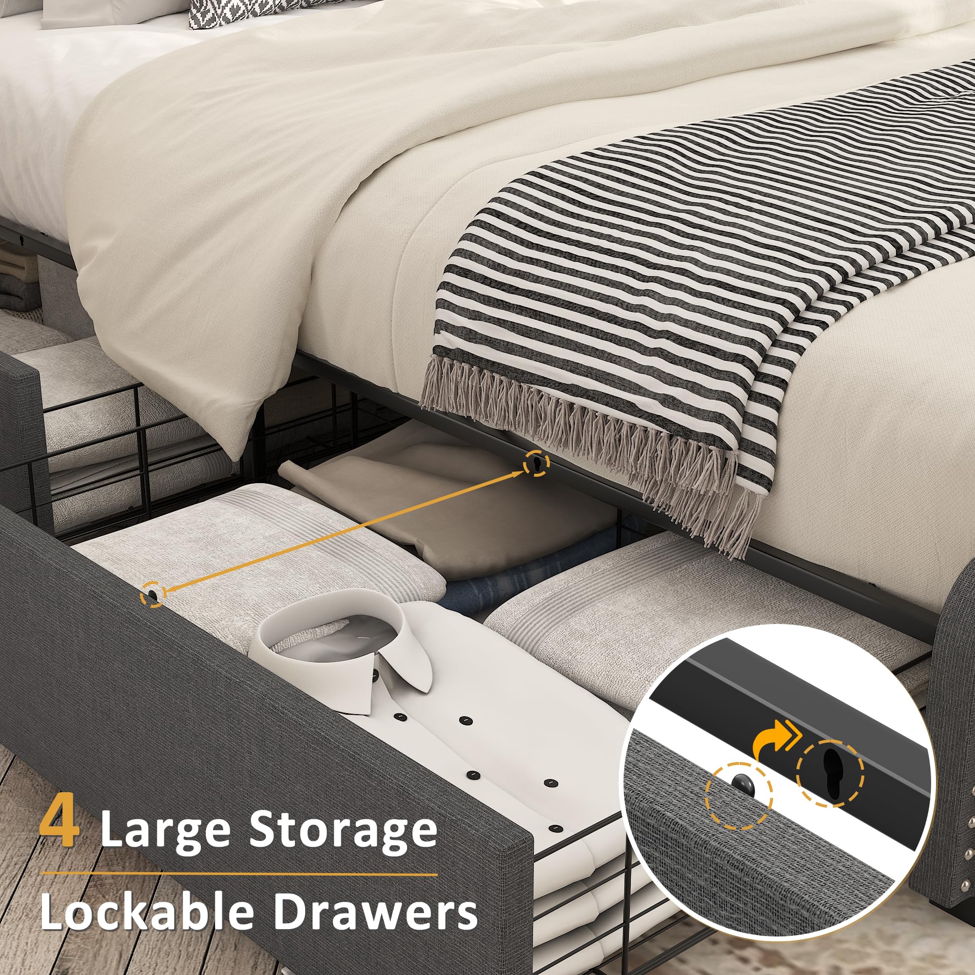 Lifezone Queen Bed Frame with Headboard Faux Leather Upholstered Metal Queen Bed Frame with 4 Storage Drawers, Adjustable Headboard/All-Metal Support/No Box Spring Needed/Easy Assembly, Black