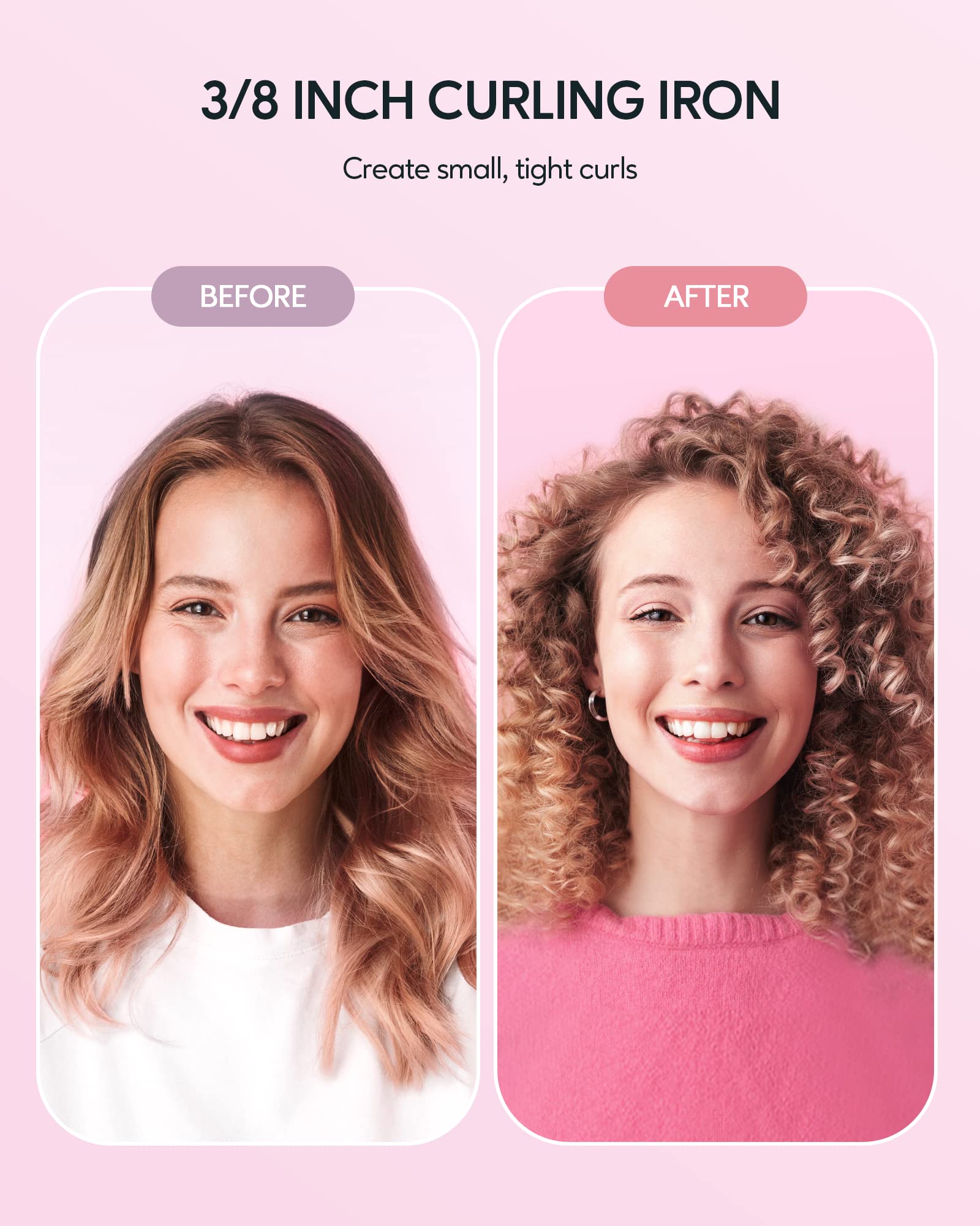 Wavytalk Small Curling Iron, 3/8 Inch Barrel Ceramic Wand Iron for Short & Long Hair, Skinny with Adjustable Temperature (Rose Pink)