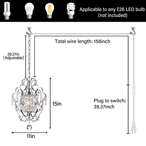 Plug in Pendant Lights with K9 Crystal,Hanging Lamp with 15Ft Clear Cord & On/Off Switch,Mini Chandelier for Closet Living Room Girls Room Bedroom Nursery