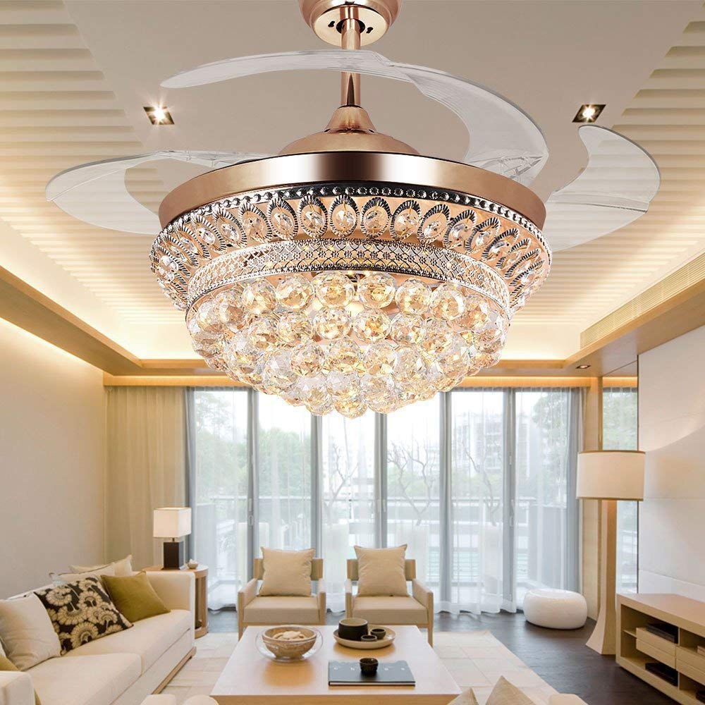 Lighting Groups 42 Inch Invisible Ceiling Fan with 3-Color Changing Light Remote Control Retractable Blades Fandelier for Living Room Dining Room Reversible Ceiling Fan with Indoor Lights (Gold)