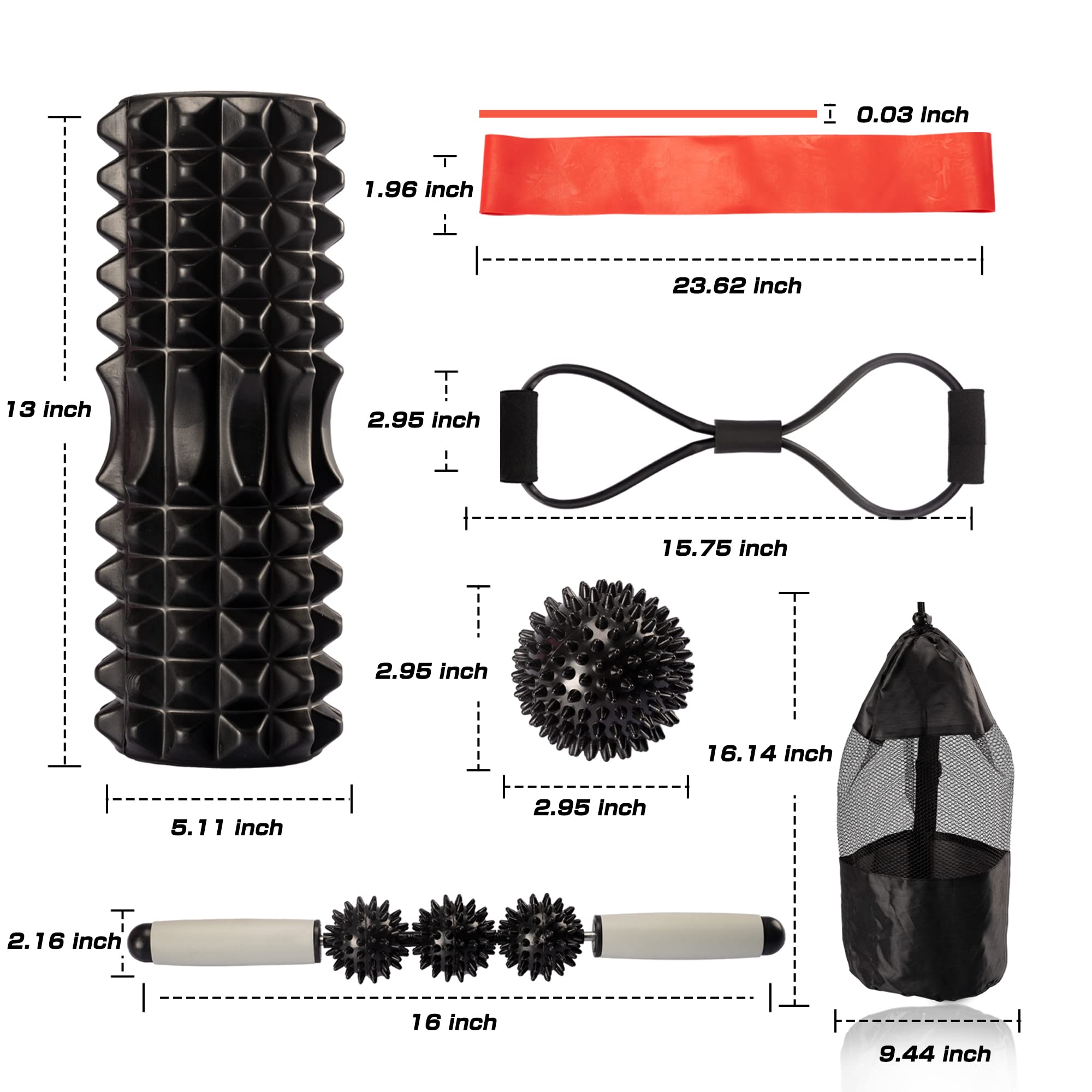 PudCraft Foam Roller Set, Yoga Set, 6 in 1 Foam Rollers Muscle Roller Stick Massage Balls Exercise Resistance Bands and Figure 8 Exercise