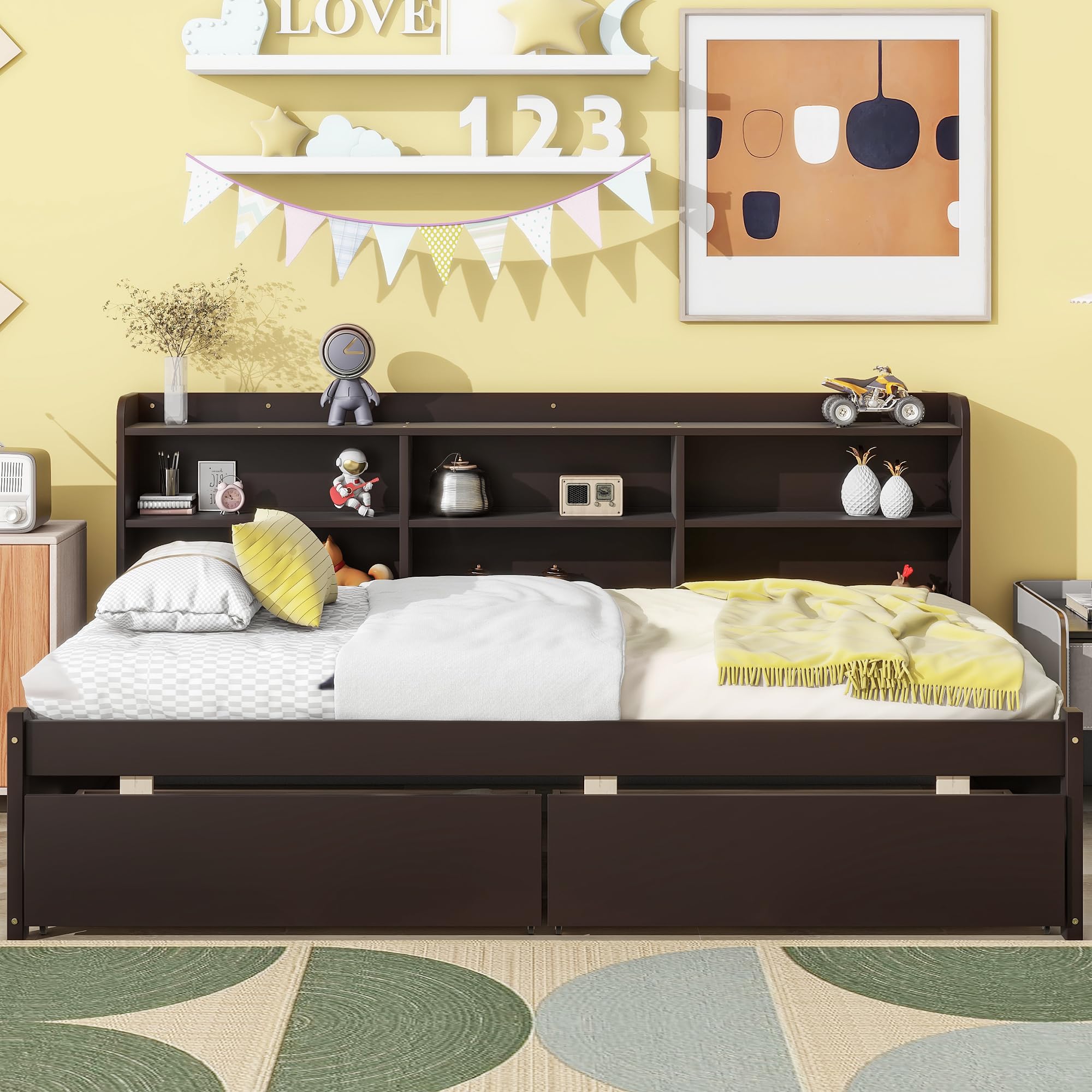 HoRunzelin Twin Size Platform Bed with Bookcase and 2 Storage Drawers, Pine Wood Daybed Captains Bed with Bookshelf for Kids Boys Girls, Espresso