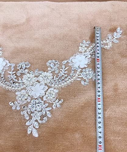 wtbv.n Handmade Crystal Peal Patches Sequins Rhinestones Ivory lace Trim Applique 38 * 28cm for Dress Skirt