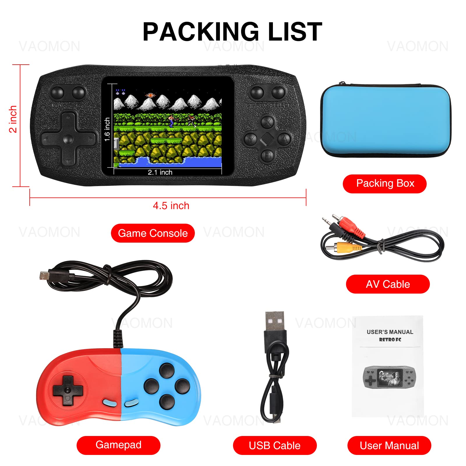 Handheld Game Console - Vaomon Handheld Games for Kids,620+ Classical FC Games,Retro Handheld Game Console with Portable Shell,Rechargeable Video Game Support Connecting TV &2 Players(Premium Black)