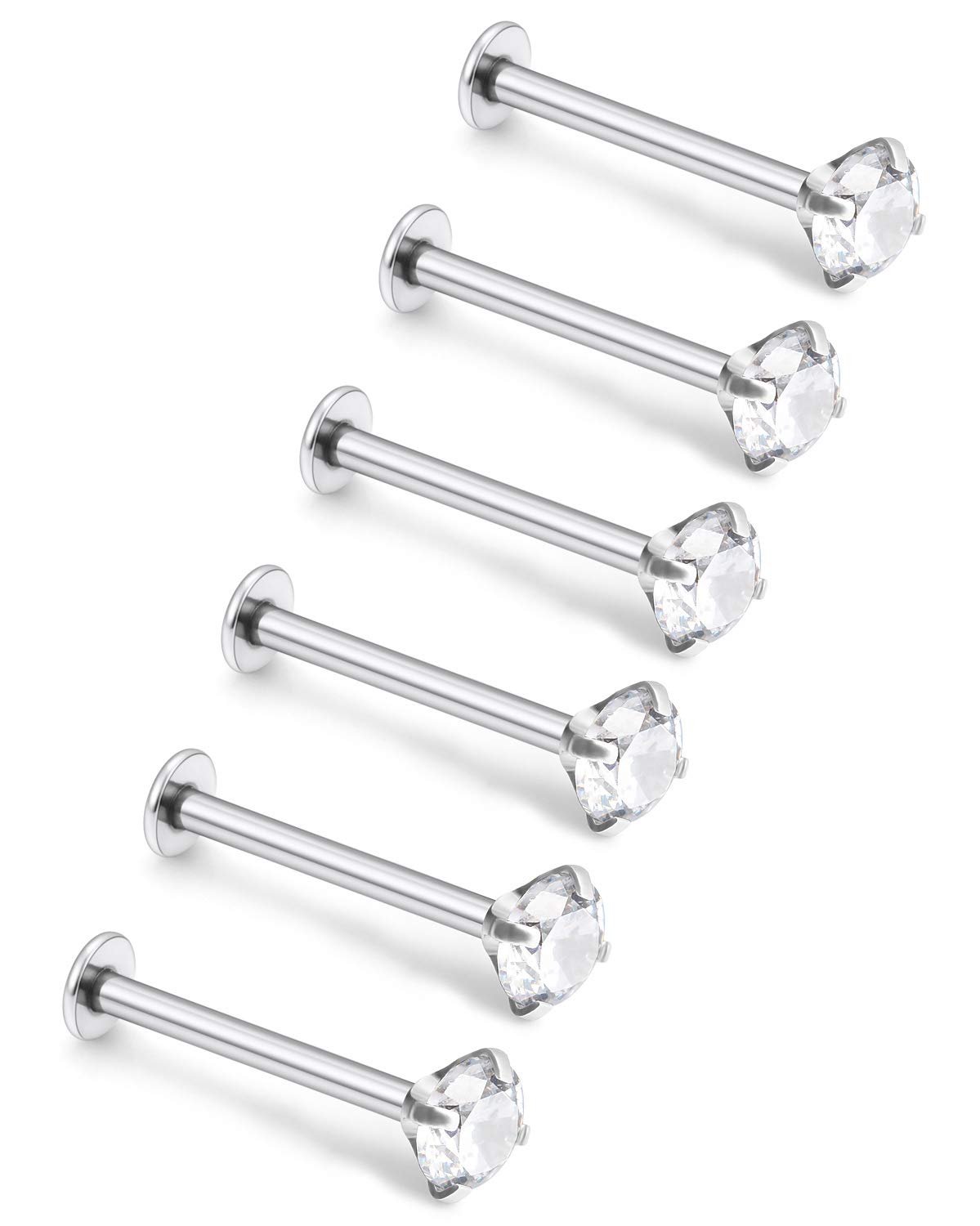 Dyknasz Labret Studs 16G Surgical Steel Monroe Barbell Lip Ring Piercing Jewelry 2mm Clear Diamond CZ with Flat Back for Women Men Silver-Tone