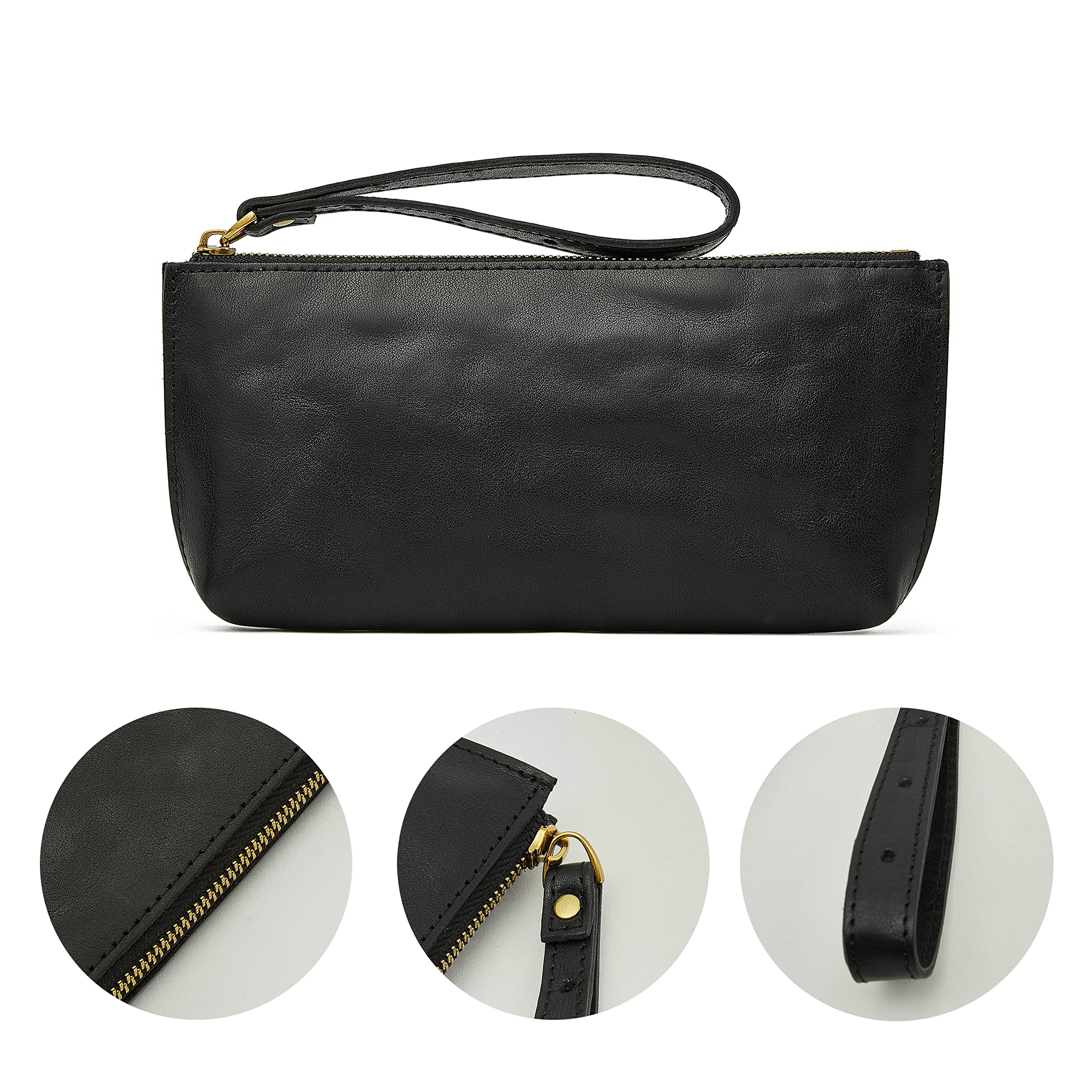 DORIS&JACKY Designer Leather Wristlet Clutch Purse For Women Small Corner Zip Wallet With Wrist Strap (1-black)
