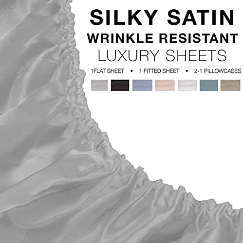 Satin Radiance Soft Satin Silk Sheets Solid Color Deep Pocket Twin Size Satin Bed Sheet Set Cooling And Soft Fitted Satin Bedding + Satin Pillowcase(s) Durable, Breathable, Silver, Grey, 3-piece