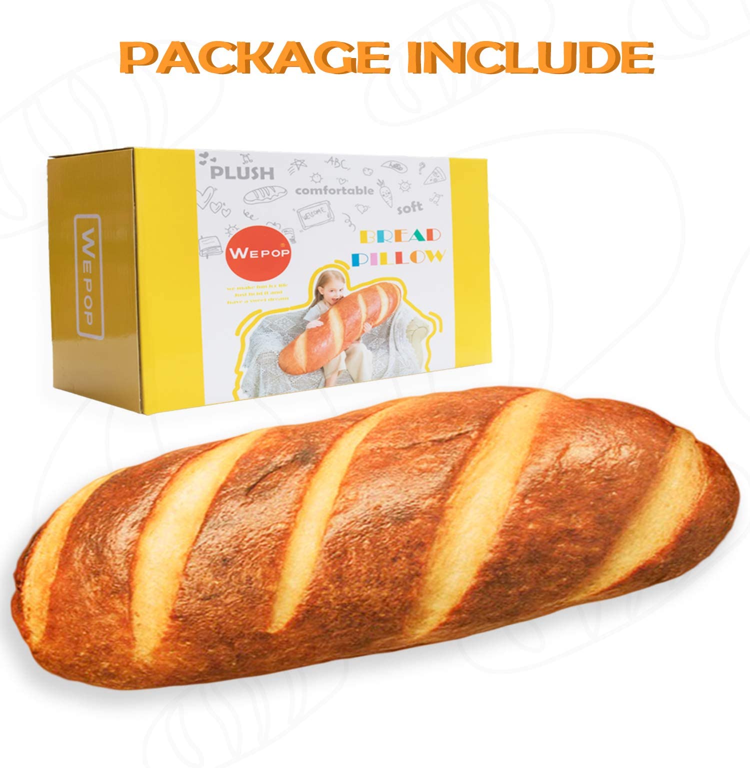 Wepop 32 in 3D Simulation Bread Shape Pillow Soft Lumbar Baguette Back Cushion Funny Food Plush Stuffed Toy