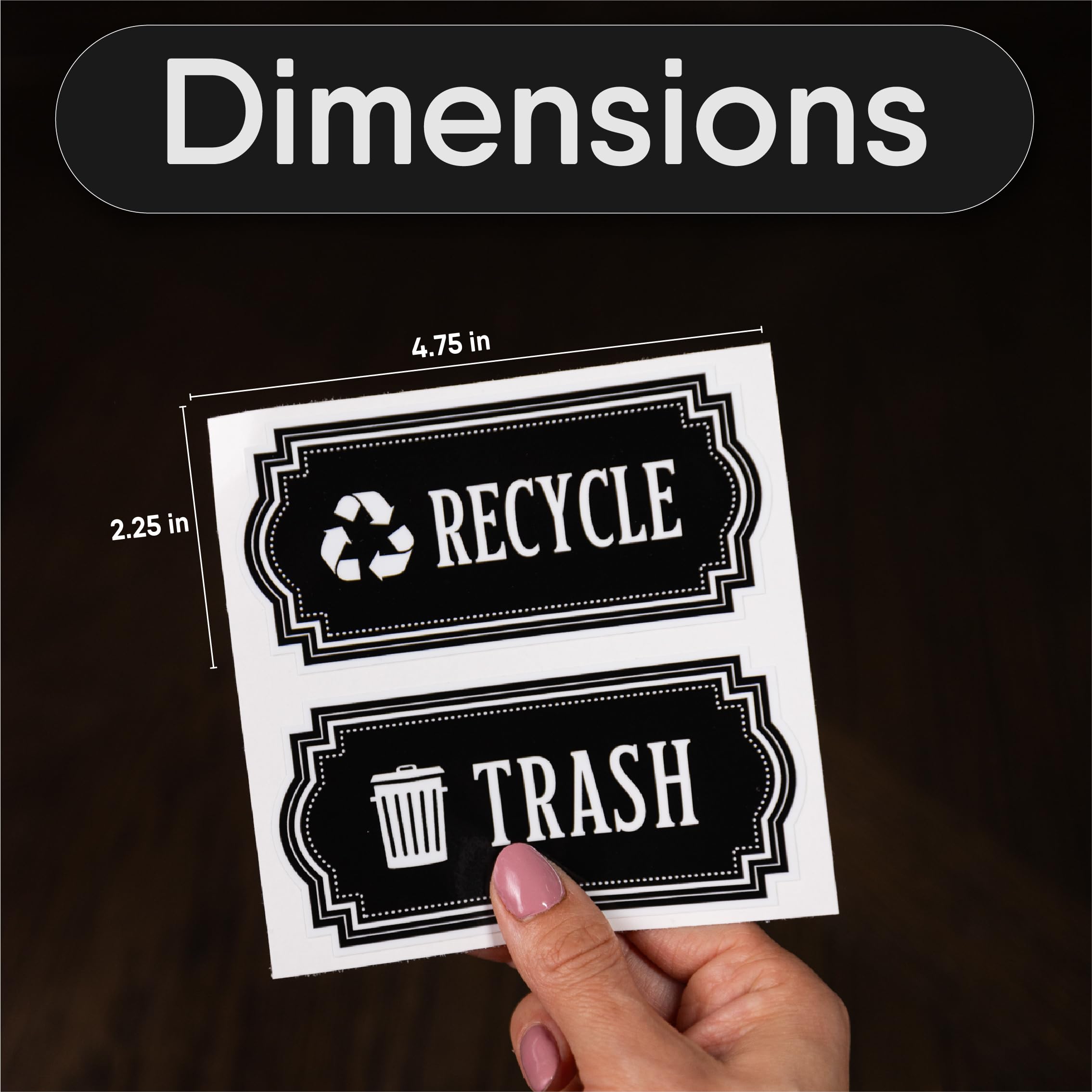 Recycle and Trash Stickers for Trash Cans - Black Premium Vinyl Recycling Bin Labels β 4 Pack - 4.75" by 2.25" Decals Logo - Waste Signs for Home Kitchen or Office Bins Indoor/Outdoor Use