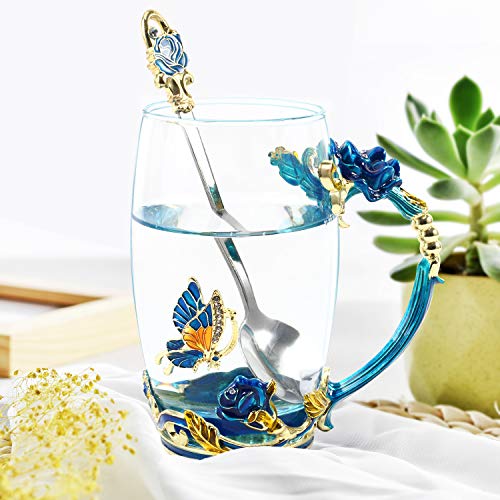 WOBOX 330ML Enamel Tea Cup Glass Coffee Mug Handmade Rose Flower Tea Mug for Valentineās Day, Birthday, Christmas Gift with Stainless Steel Spoon Set