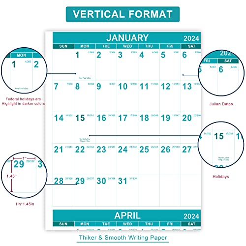 Wall Calendar with Julian Date, July 2023 - June 2024 Yearly, One Page for Organizing, Premium Thick Paper, Vertical, Gift Pocket, 34.8" x 22.8" (Open)