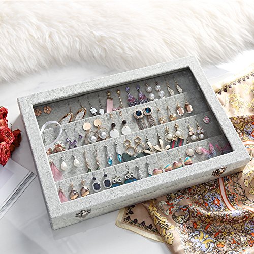 Wudygirl Velvet Clear Lid Earring Box Organizer Storage 32 Pairs Earrings Stud Tray Showcase Display Case(Earring Storage)