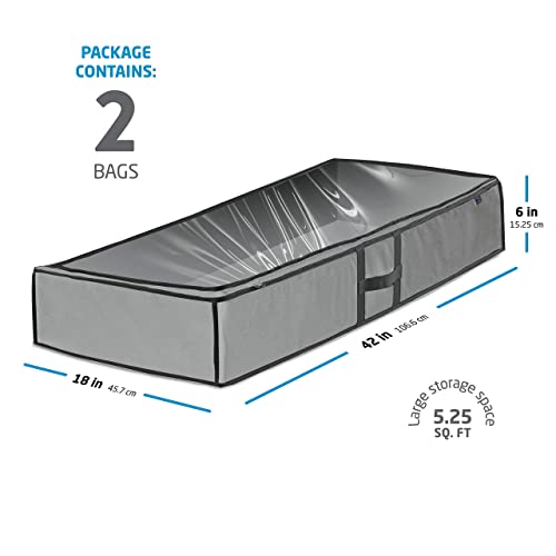 Zober Under Bed Storage - Pack of 2 Under Bed Storage Containers for Clothes, Blankets, Winter Clothing, & Shoes - Under The Bed Storage with Handles, Dual Zippers, & Clear Top (Gray)