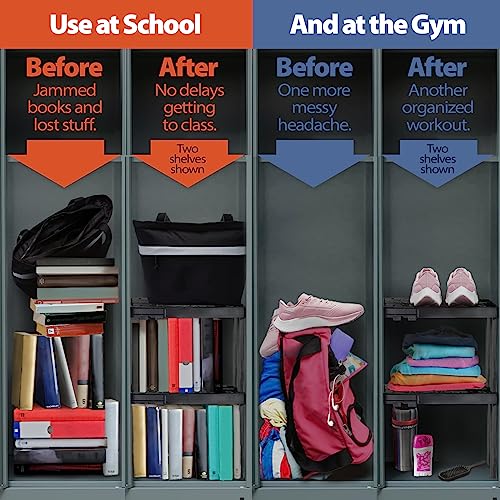 Piffny Locker Organizer Shelf, Adjustable Width and Height, Stackable, Ideal Locker Shelf for School, Office, Gym Lockers, or Even Kitchen Cabinets & Under Sink Organization (Black)