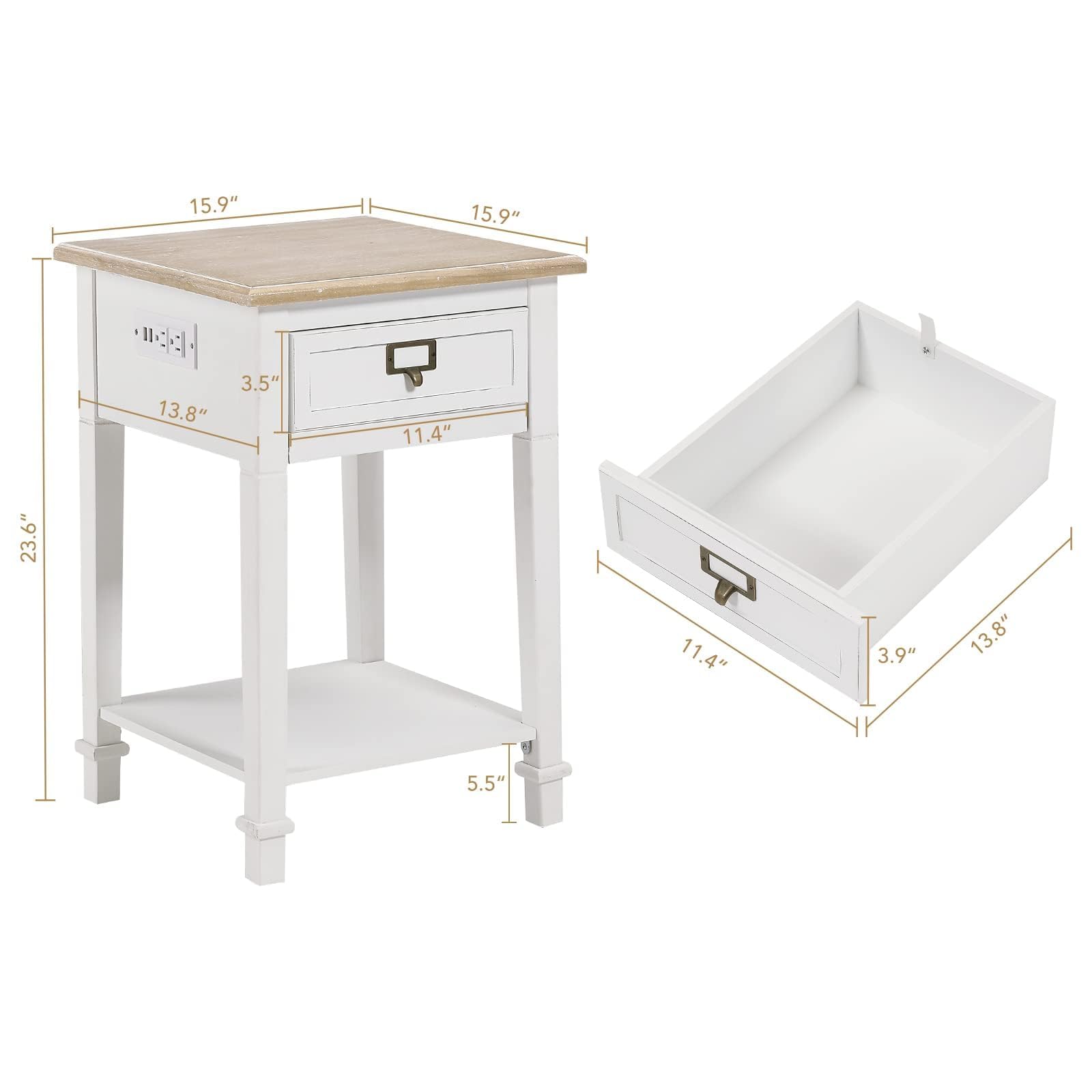 Wnutrees End Table with Charging Station,2 USB Ports and 2 Outlets,Nightstand Bedside Table with Drawer and Open Storage Shelf,for Living Room Bedroom,White,Set of 2