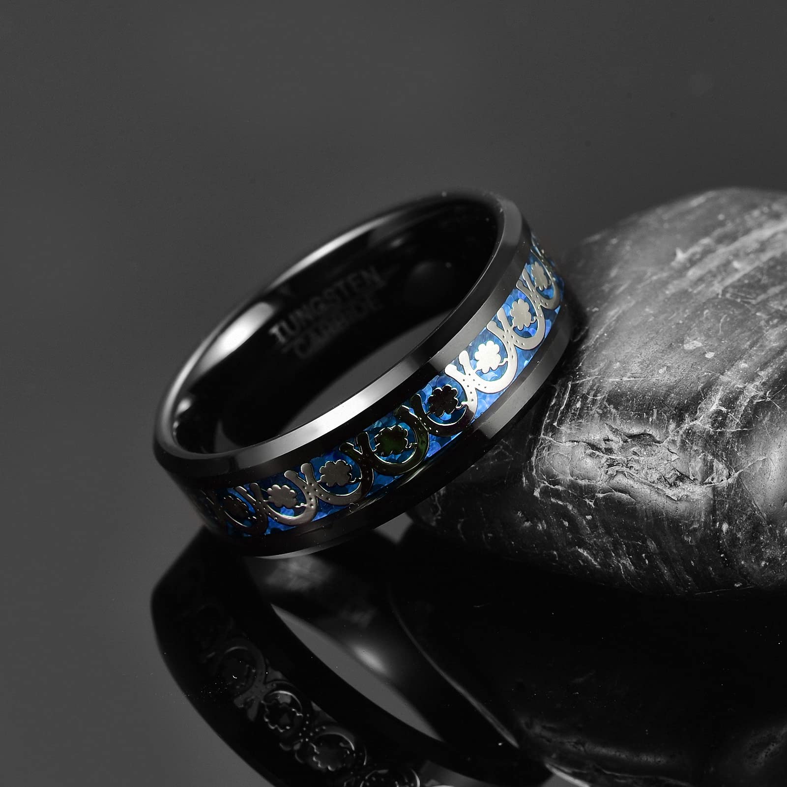 Horseshoe Clover Pattern Blue Red Opal Paper Electric Black Tungsten Carbide Ring Wedding Jewelry Gift