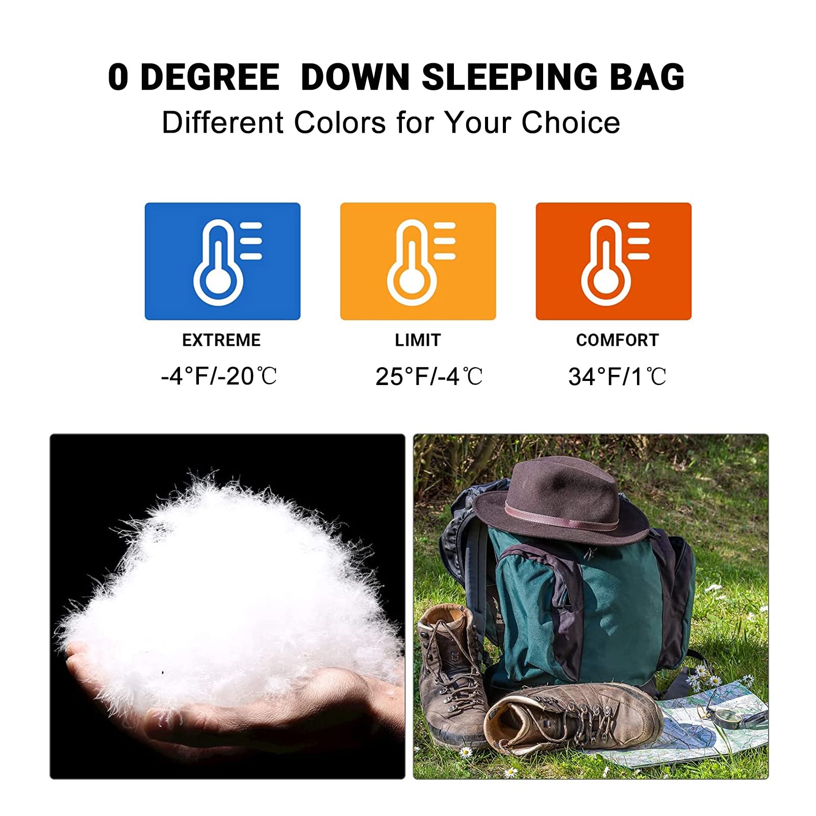ATEPA 0 Degree Down Lightweight Sleeping Bag for Adult, Mummy Backpacking Ultralight Waterproof Compact All Cold Weather Sleeping Bag with Compression Sack for Women, Men, Hiking, Camping, Black