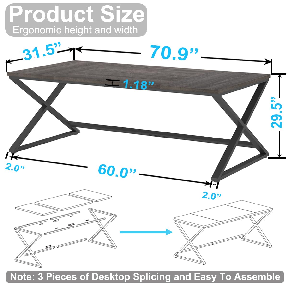 IBF 70.8” Long Computer Desk, Industrial Large Home Office Desk for Writing Study, Rustic Gaming Executive Work Desk for 2 Person, Wood Metal Pc Workstation Computer Table for Living Room, Dark Gray