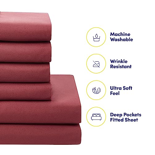 Sweet Home Collection 7 Piece Comforter Set Bag Solid Color All Season Soft Down Alternative Blanket & Luxurious Microfiber Bed Sheets, Burgundy, Queen