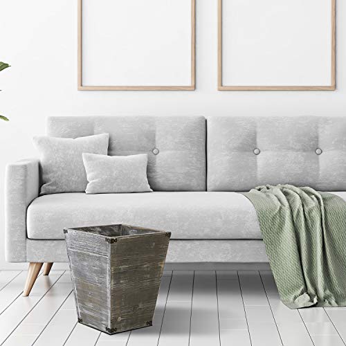 VERGOODR Gray Farmhouse Style Torched Wood Square Waste Bin with Decorative Metal Brackets Trash Can for Bedroom,Living Room, Bathroom & Office