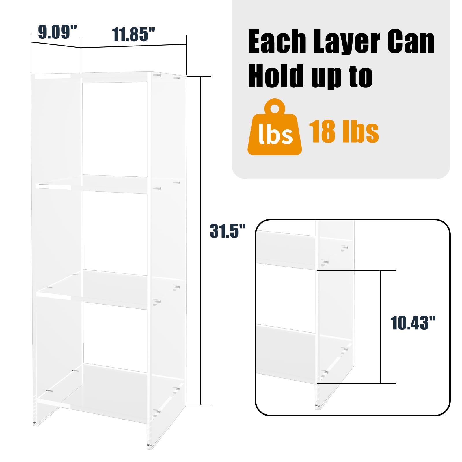 Nalwort Clear Acrylic Bookcase, 3-Tier Cube Storage Bookshelf, Modern Standing Display Bookshelf 31.5" Tall, Narrow Bookcase, Sturdy Open Book Shelf for Office, Living Room, Bedroom