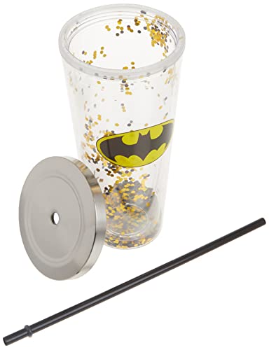 Spoontiques - Glitter Filled Acrylic Tumbler - Glitter Cup with Straw - 20 oz - Stainless Steel Locking Lid with Straw - Double Wall Insulated - BPA Free - Batman