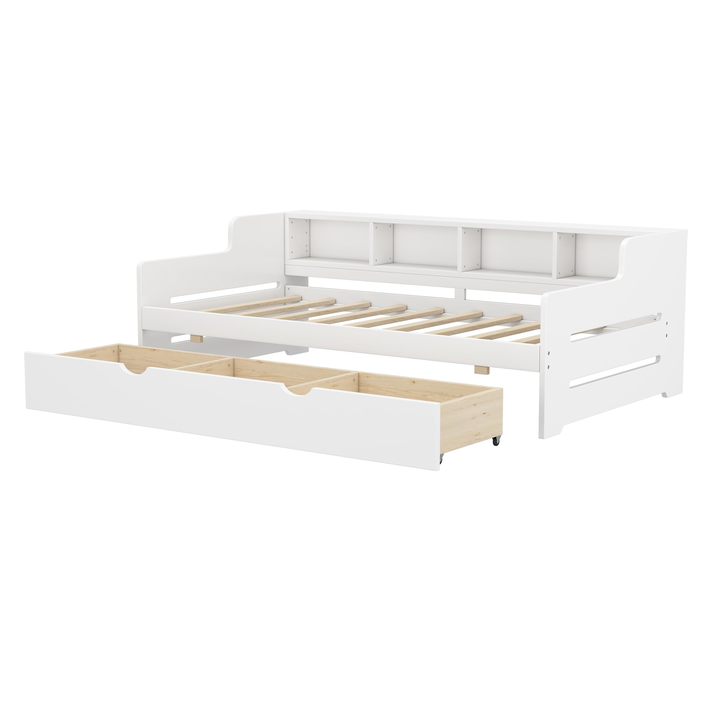 OUYESSIR Twin Size Daybed with 3 Storage Drawers, Upholstered Day Bed Frame with Bookcase Headboard and Full Wood Slats for Kids Teens Adult Boys Girls, No Box Spring Needed, White