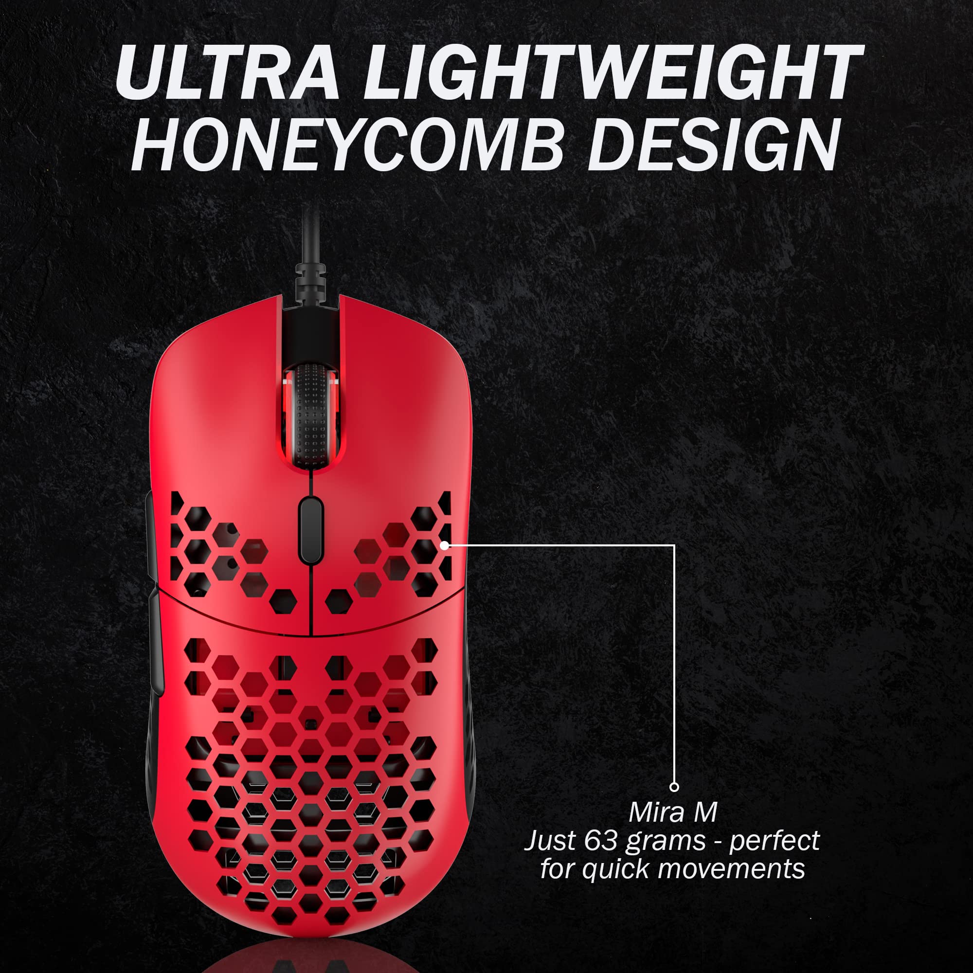 HK Gaming Mira M Ultra Lightweight RGB Gaming Mouse | Honeycomb Shell | 63 Grams | max 12000 cpi | USB Wired | 6 programmable Buttons | On-Board Memory | Anti Slip Grips | Mira-M Monza