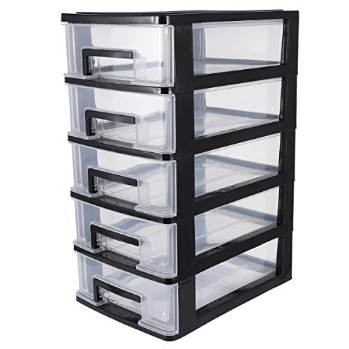 Toyvian Drawer Desktop Storage Unit, Cabinet Plastic Drawer Type, Storage Case Organizer, Five- layer Clear Drawers, Plastic Medium Storage Tower Black