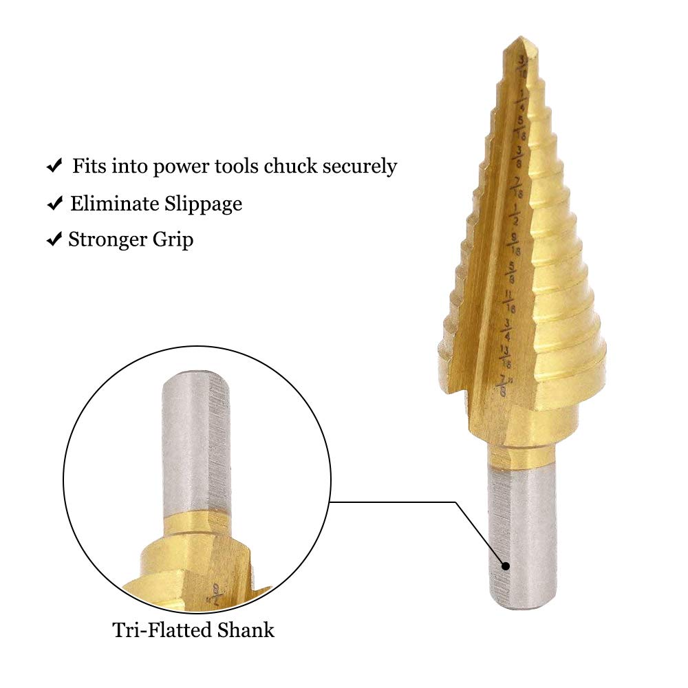 Saiper Titanium Step Drill Bit 3/16" to 7/8" (12 Step Sizes) HSS 4241 Triangle Handle Step Drill Bits Drill Holes for Plastic, Aluminum, PV Plate