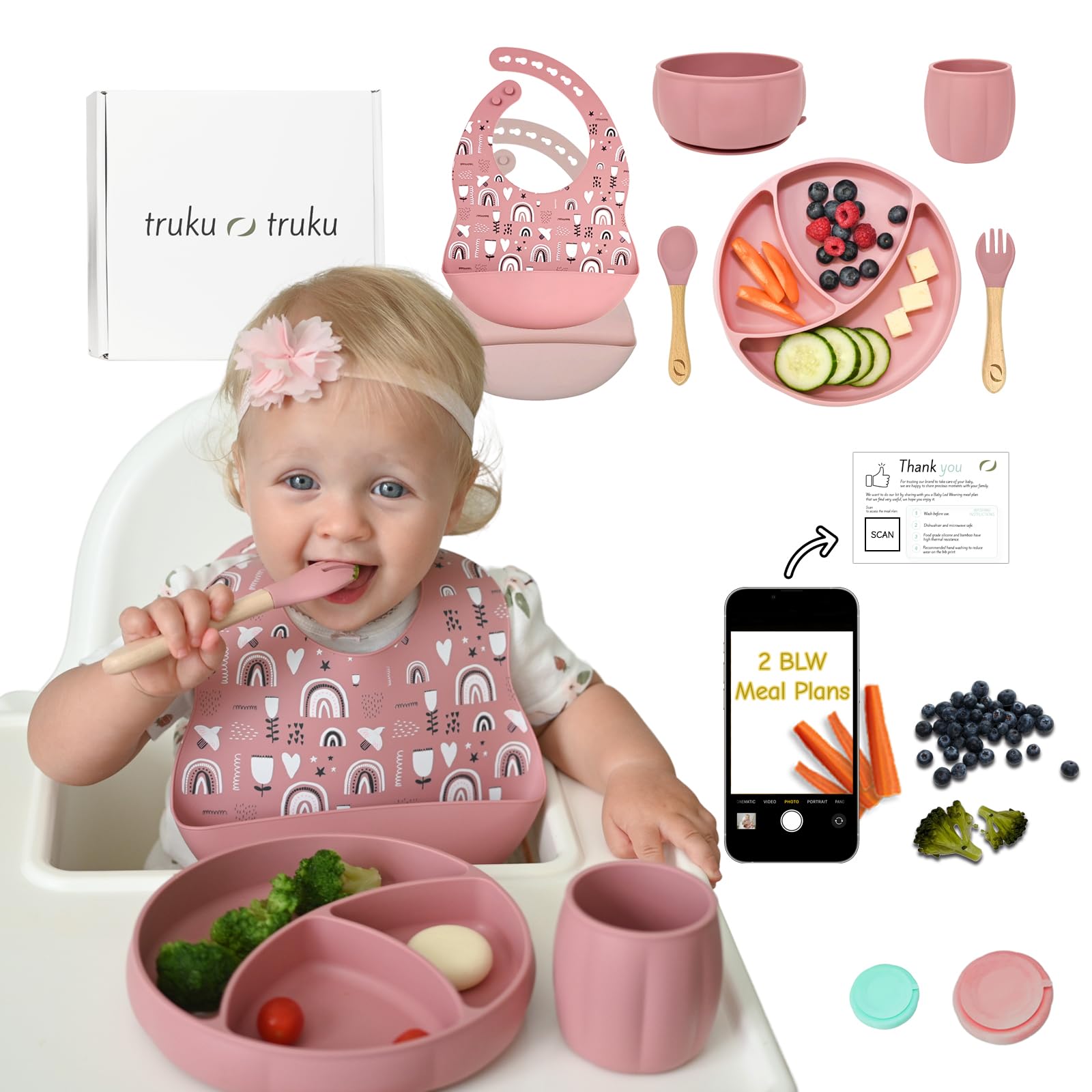 Silicone Baby Feeding Set | truku truku ® | Baby Dinnerware Set - 2 Bibs with Food Catcher, Suction Plates for Baby, Bowl, Toddler Cup, Bamboo Spoon and Fork - Rainbow Baby Gift - 7 pcs (Rose)