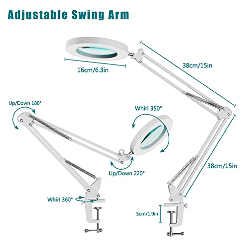 YOUKOYI LED Magnifying Lamp Metal Swing Arm Magnifier Lamp -10 Levels Brightness, 3 Color Modes, 5X Magnification, 4.1" Diameter Glass Lens, Adjustable Industrial Clamp for Reading/Office/Work (White)