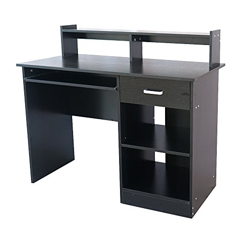 SSLine Computer Desk with Storage Shelves, 2 Tier Bookshelf one Drawer, Keyboard Tray, Home Office Writing Workstation Table, Laptop Desk, Bookshelf, Space-Saving, Black