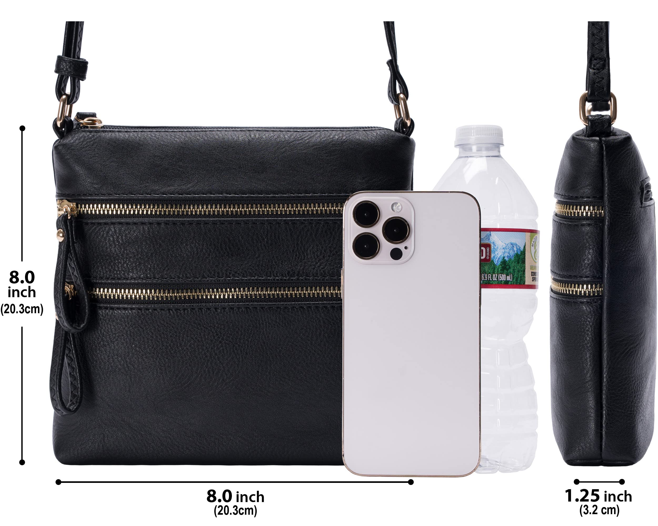 Solene Crossbody Bag Functional Multi Pocket Double Zipper Purse with Adjustable Strap-WU085(Black)