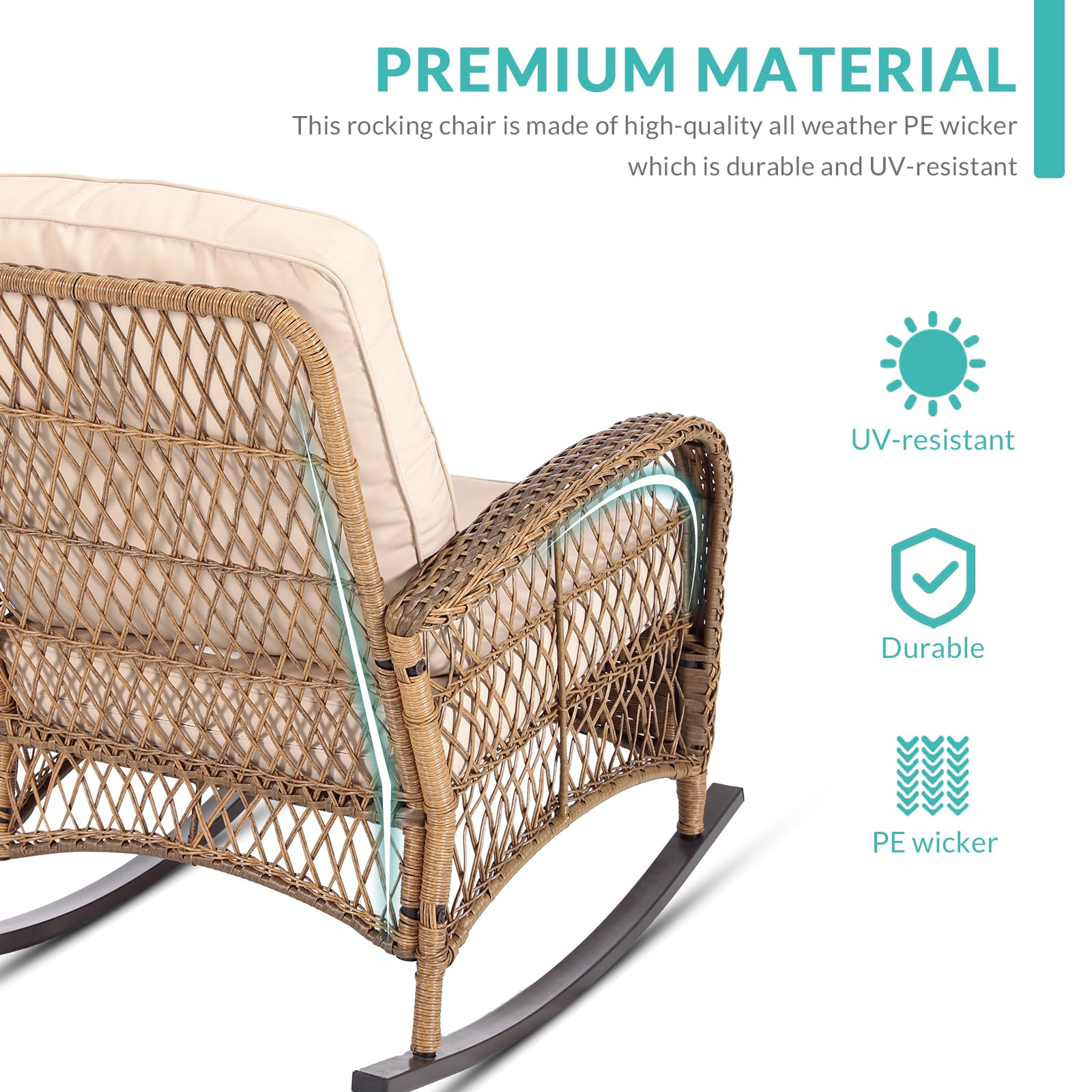 MEETWARM Outdoor Wicker Rocking Chair, Rattan Patio Rocker Chairs with Cushions and Steel Frame - Beige