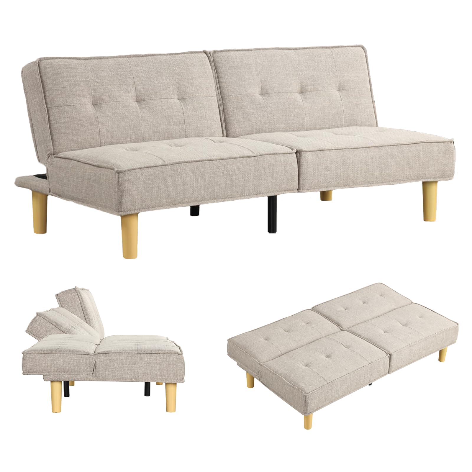 Furrich Convertible Futon Sofa Bed, Loveseat Foldable Futon Couch Adjustable Backrest, Small Futon Couch for Living Room, Small Space, Apartment, Beige Fabric 307BG