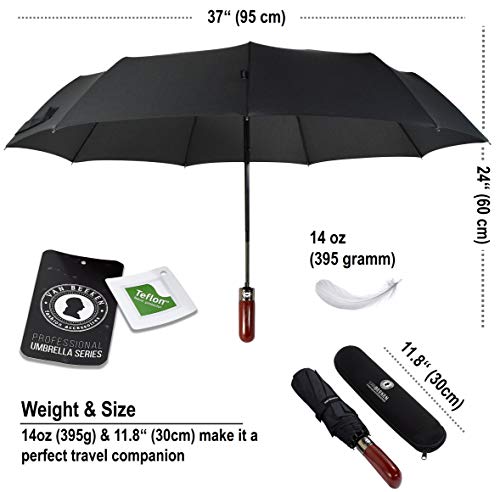 VAN BEEKEN Umbrella with Wooden Handle β Lightweight, Portable and Compact, Ideal for Travel β City Umbrella with Auto Open Close Function - Umbrella Windproof for Men