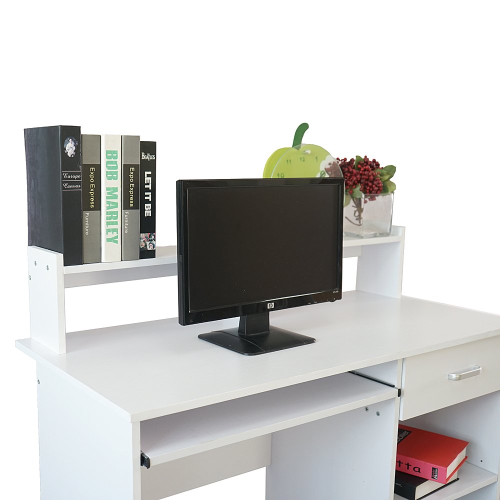 Goujxcy Computer Desk with 2 Organizer Shelf One Storage Drawer, Keyboard Tray, Home Office Writing Workstation Table, Laptop Desk, Bookshelf, Space-Saving, White