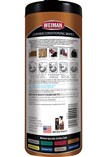Weiman Leather Wipes - 4 Pack - Clean Condition Ultra Violet Protection Help Prevent Cracking or Fading of Leather Couches, Car Seats and Interior, Shoes and Other Leather Surfaces