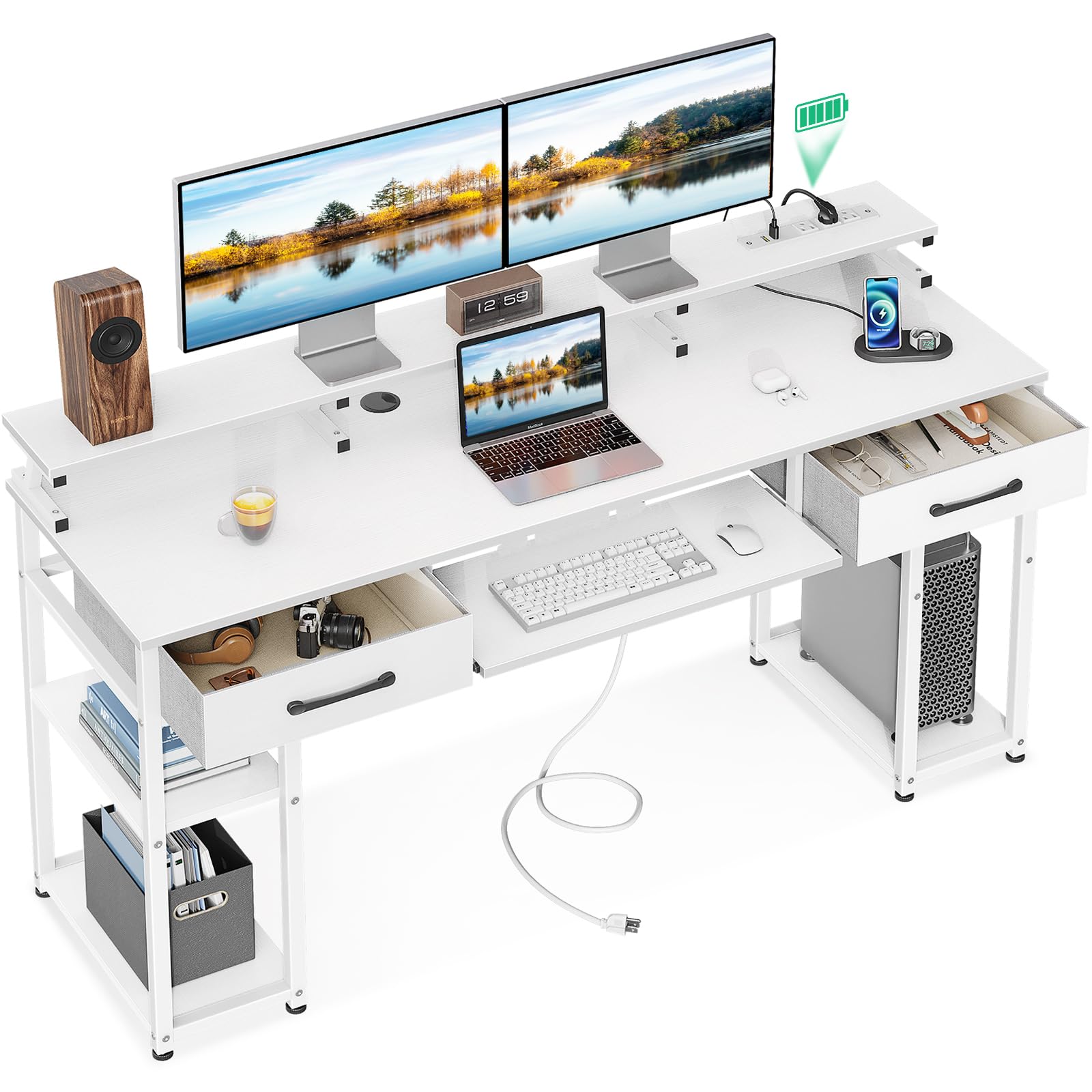 ODK Computer Desk with Drawers, 55 Inch Office Desk with Power Outlet and Keyboard Tray & Storage Shelves & PC Stand, Office Table Work Desk with Monitor Stand, White