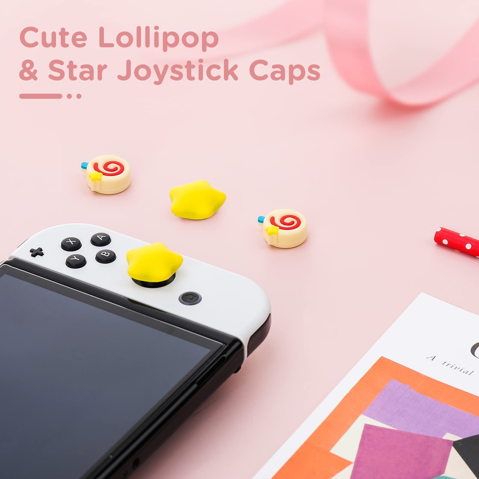 TiMOVO Cute Silicone Joycon Thumb Grip Caps, Joystick Cover Caps Soft Anti-Slip Thumbstick Cover 4pcs Compatible with Nintendo Switch OLED/Switch/Switch lite - Star Lollipop