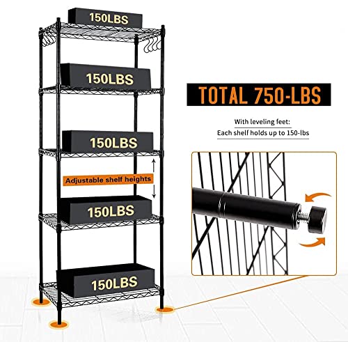 wenyuyu 5 Tier Storage Shelf Rack Black Metal Heavy Duty Wire Shelving Unit Organizer Shelves for Pantry Garage Closet Kitchen Laundry Bathroom