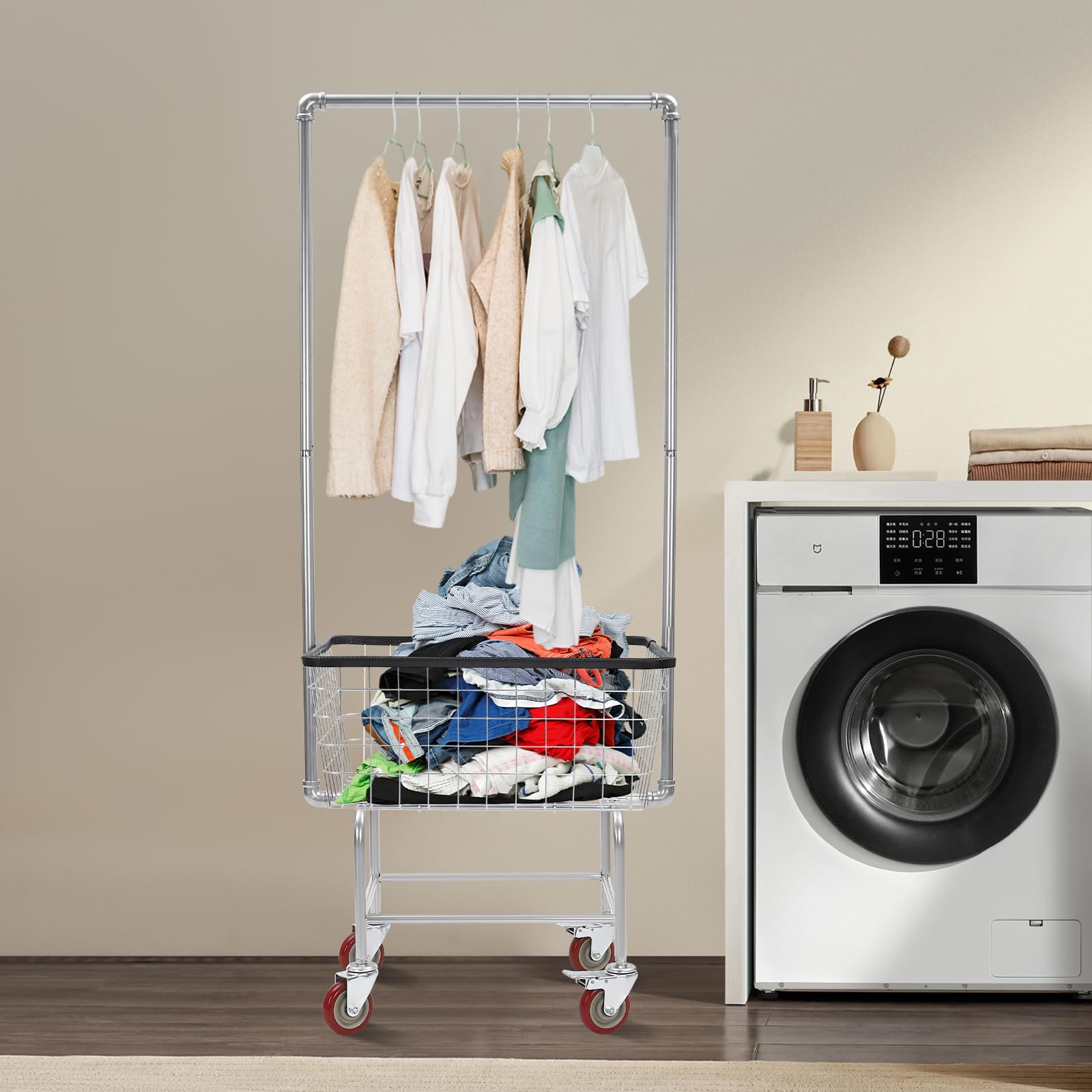 Heavy Duty Wire Laundry Cart, Rolling Laundry Basket with Hanging Garment Rack & Universal Wheels, Commercial Laundry Hamper Cart, Freestanding Laundry Storage and Organization