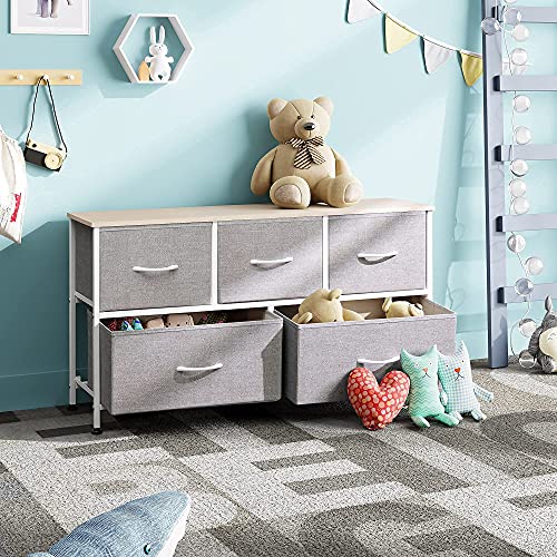 WLIVE 1-Drawer Nightstand and 5-Drawer Dresser Set, Fabric Storage Tower for Bedroom, Hallway, Nursery, Closets, Tall Chest Organizer Unit with Textured Print Fabric Bins, Steel Frame