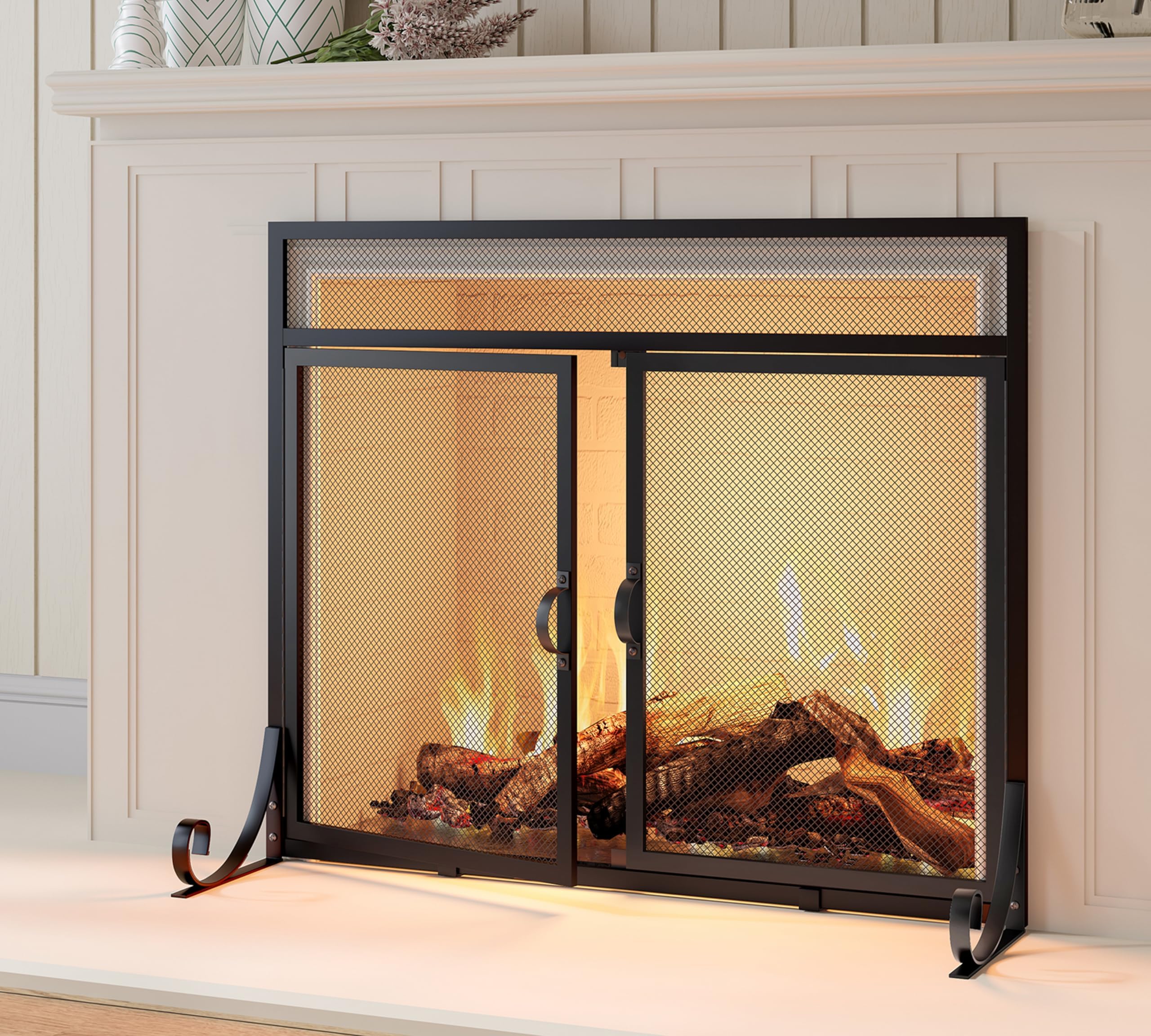Calidola Flat Fireplace Screen with Doors,Solid Wrought Iron Frame with Metal Mesh, Flat Panel Decorative Fireplace Screen with Modern Design, Free Standing Spark Guard