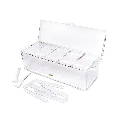 VEBO Ice Chilled 5 Compartment Condiment Server Caddy - Serving Tray Container with 5 Removable Dishes with over 2 Cup Capacity Each and Hinged Lid | 3 Serving Spoons + 3 Tongs Included