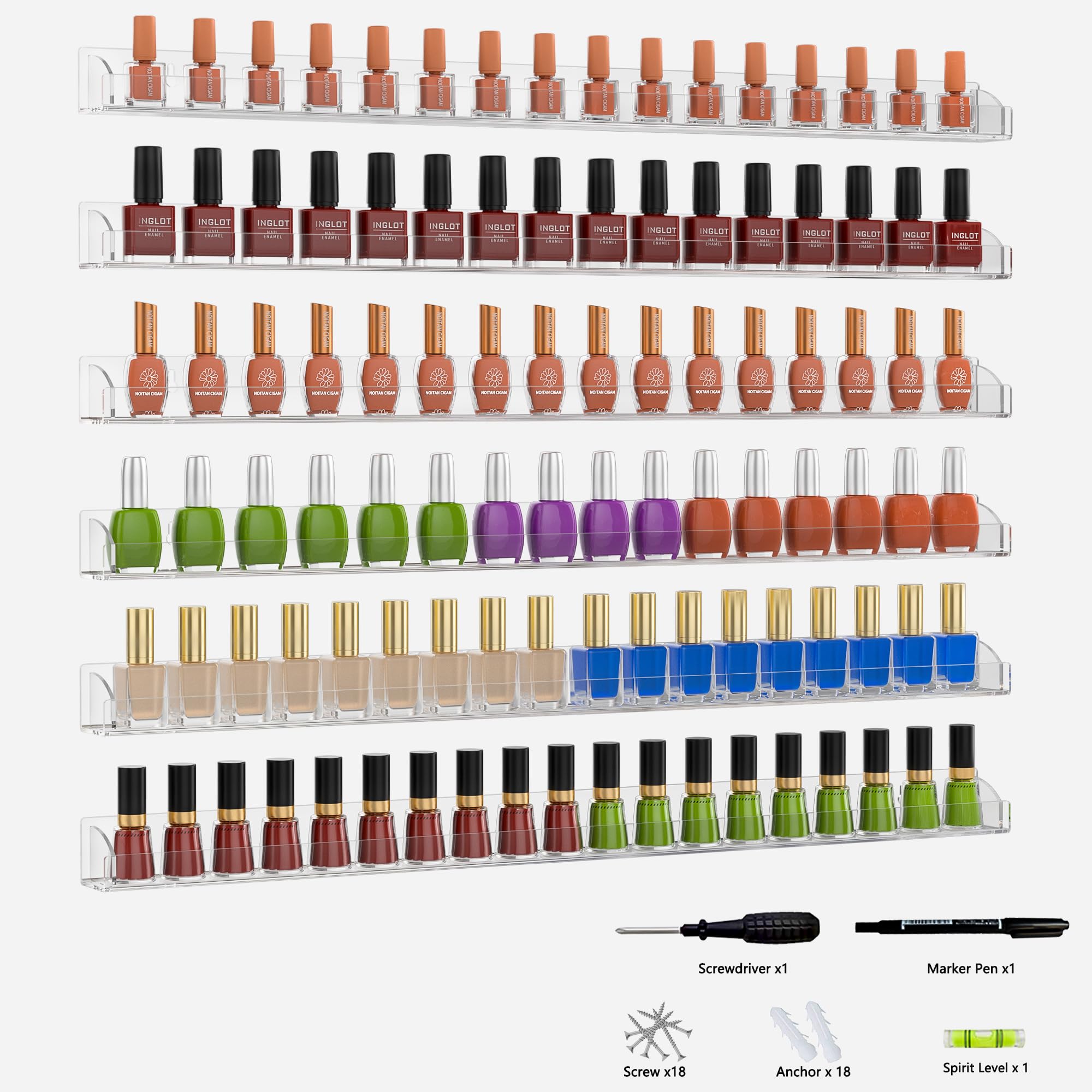 Hexsonhoma 30 Inch Clear Nail Polish Wall Rack with Removable End Caps Set of 6, Acrylic Nail Polish Organizer Wall Mounted,Nail Polish Sorage Shelves for 192 Bottles (30 Inch)