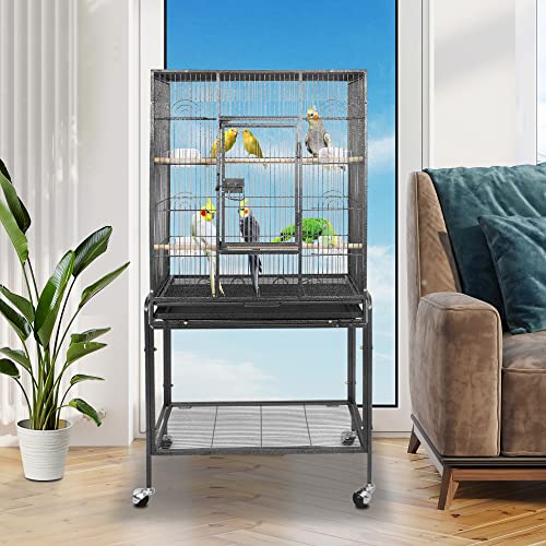 SUPER DEAL 53-Inch Rolling Bird Cage Large Wrought Iron Cage for Cockatiel Sun Conure Parakeet Finch Budgie Lovebird Canary Medium Pet House with Rolling Stand & Storage Shelf